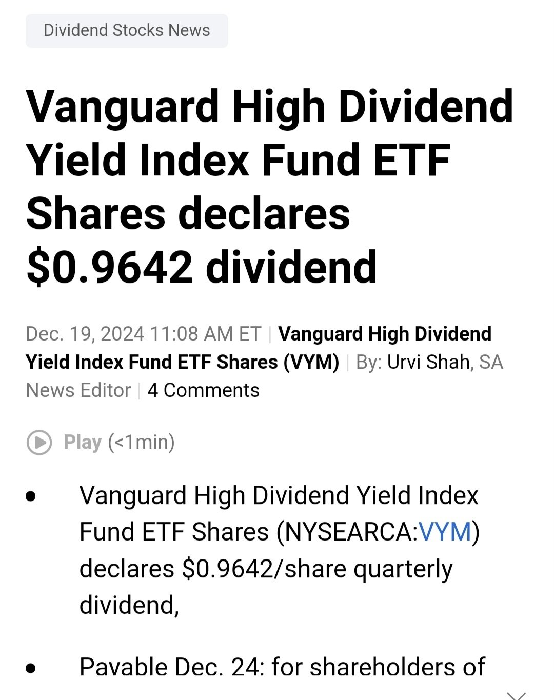 VYM 2024年4Q（12月） 配当金｜ゆうちん