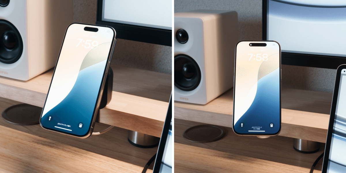 デスクシェルフにiPhoneを浮かせて充電する｜murasaki