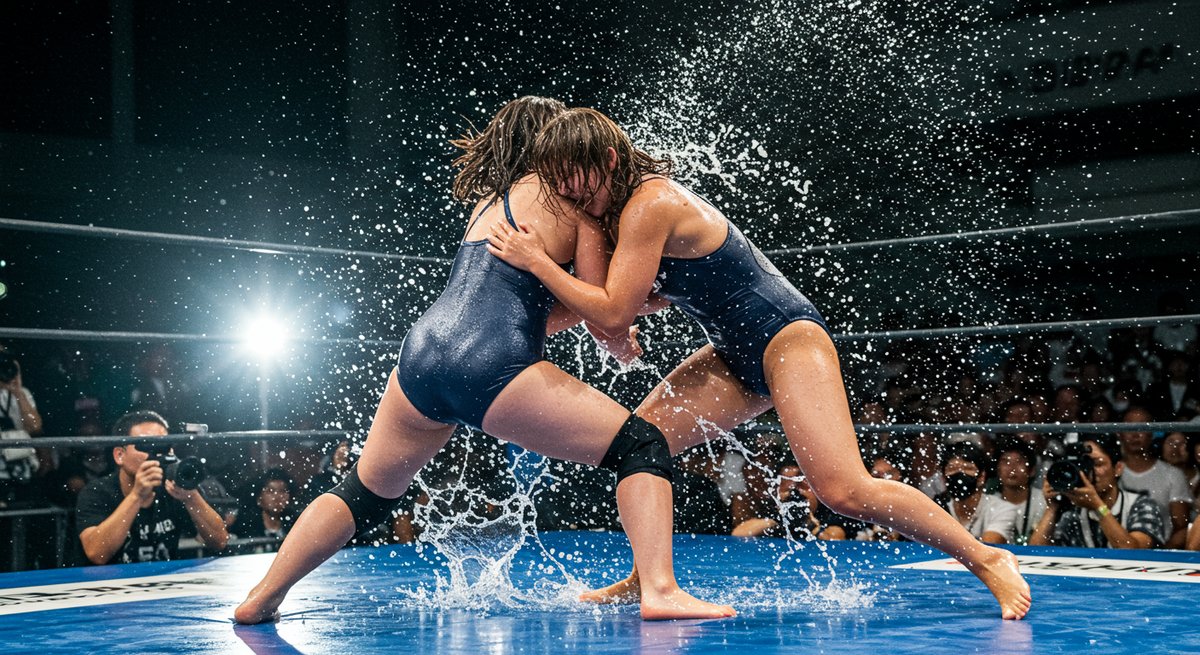 画像生成AIで生み出す、魅惑の女子プロレス真夏の水かけ祭典！｜Niji Feti コダワリ視線