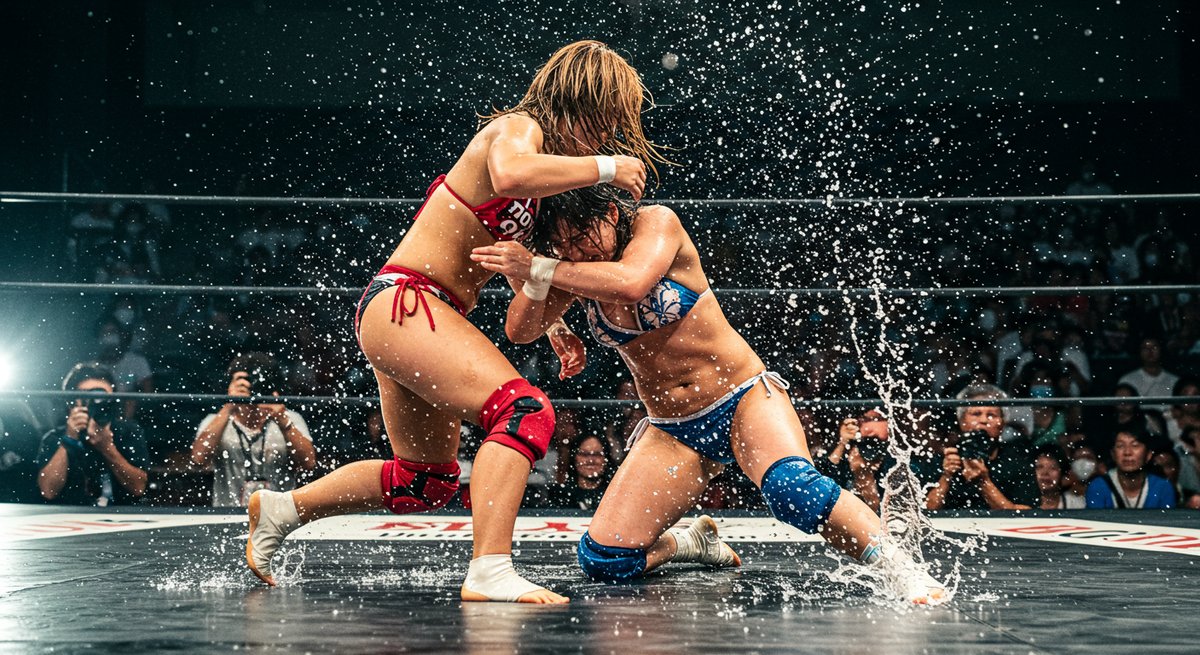 画像生成AIで生み出す、魅惑の女子プロレス真夏の水かけ祭典！｜Niji Feti コダワリ視線
