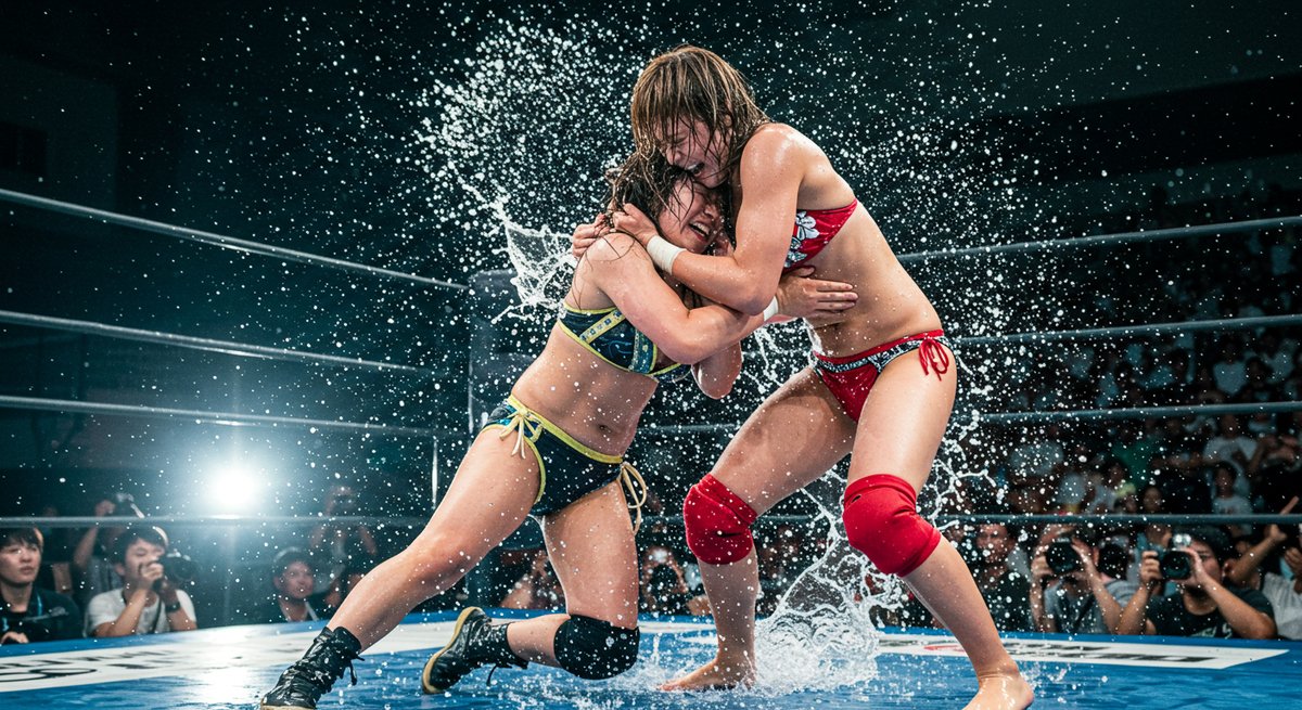 画像生成AIで生み出す、魅惑の女子プロレス真夏の水かけ祭典！｜Niji Feti コダワリ視線