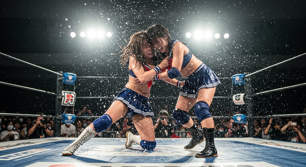 画像生成AIで生み出す、魅惑の女子プロレス真夏の水かけ祭典！｜Niji Feti コダワリ視線