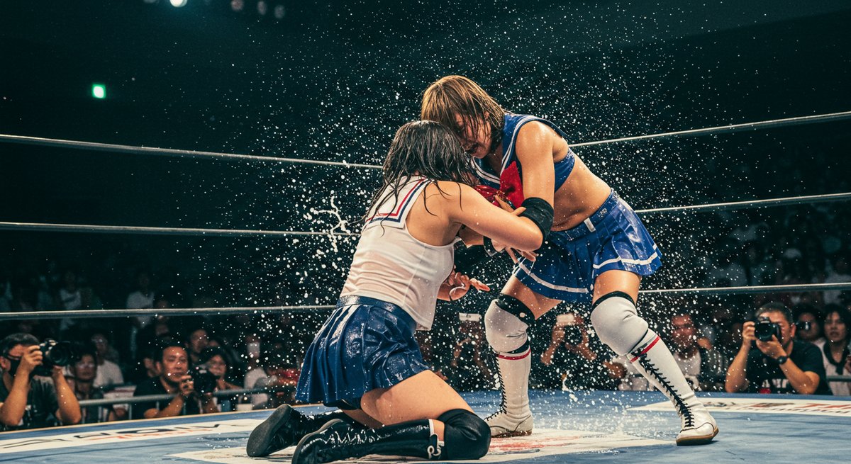 画像生成AIで生み出す、魅惑の女子プロレス真夏の水かけ祭典！｜Niji Feti コダワリ視線