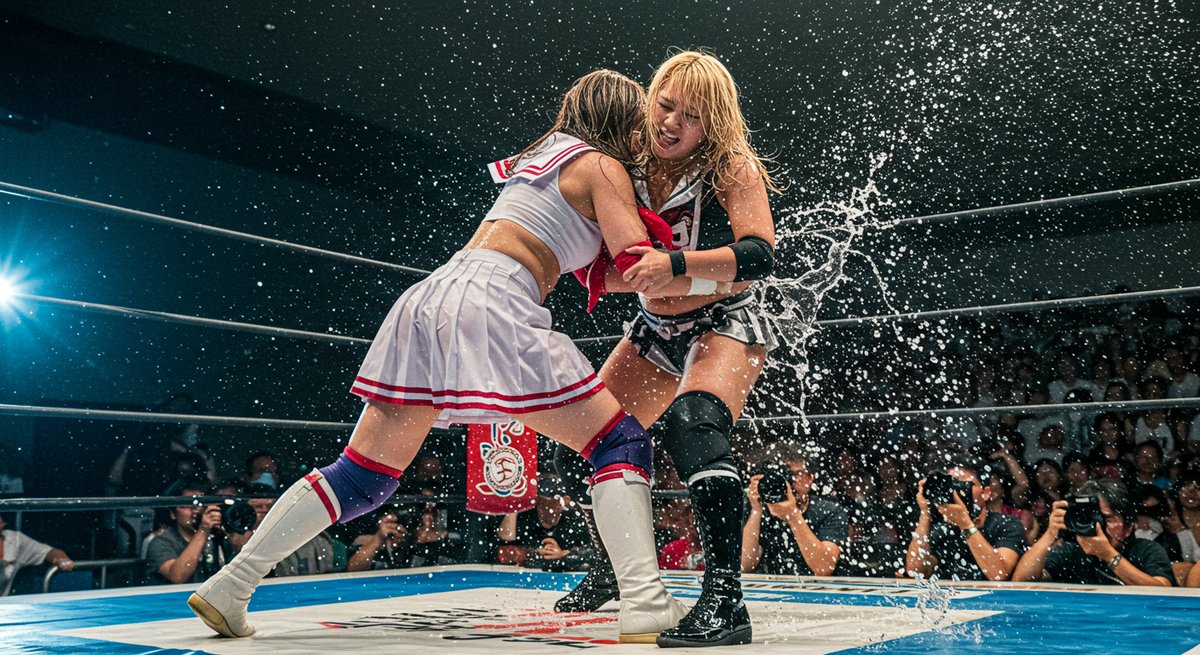 画像生成AIで生み出す、魅惑の女子プロレス真夏の水かけ祭典！｜Niji Feti コダワリ視線