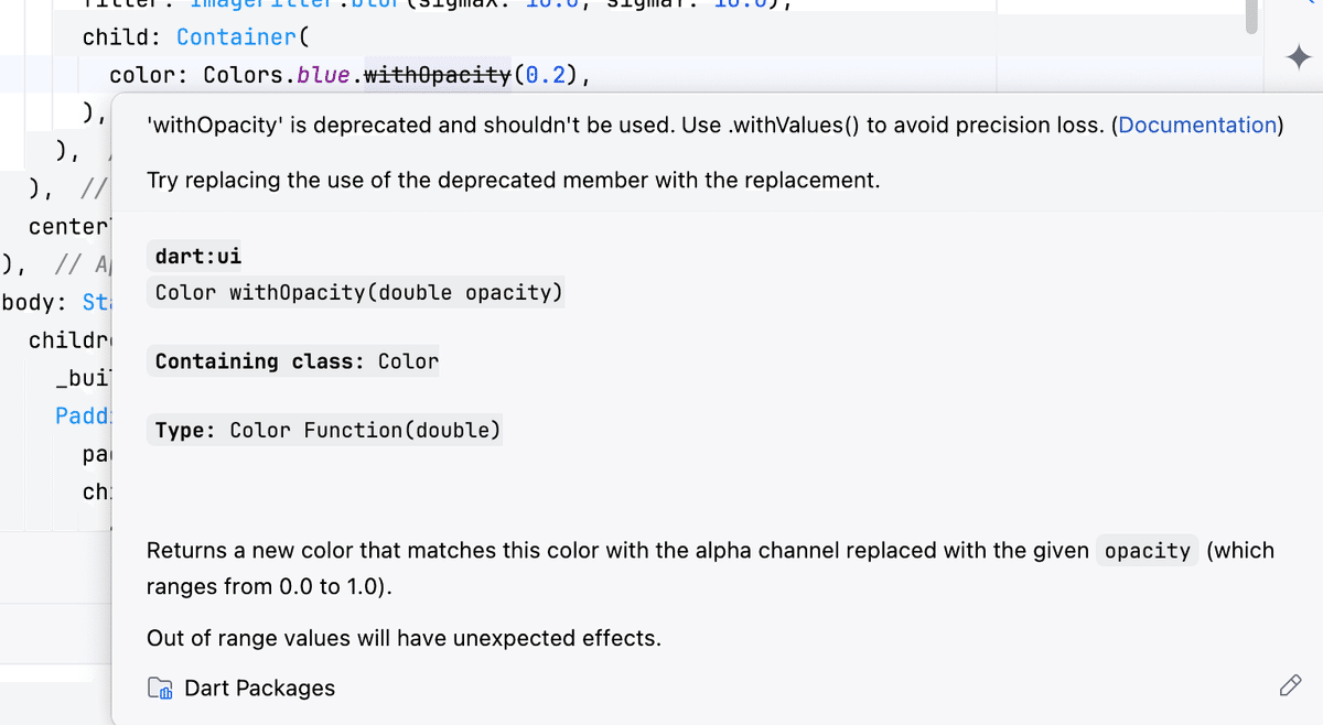 flutter 3.27.0 からwithOpacityのかわりに使われるようになった 「WithValues」はまだ使わないほうがいいかもしれない🤔｜ぎーく・おたつきー