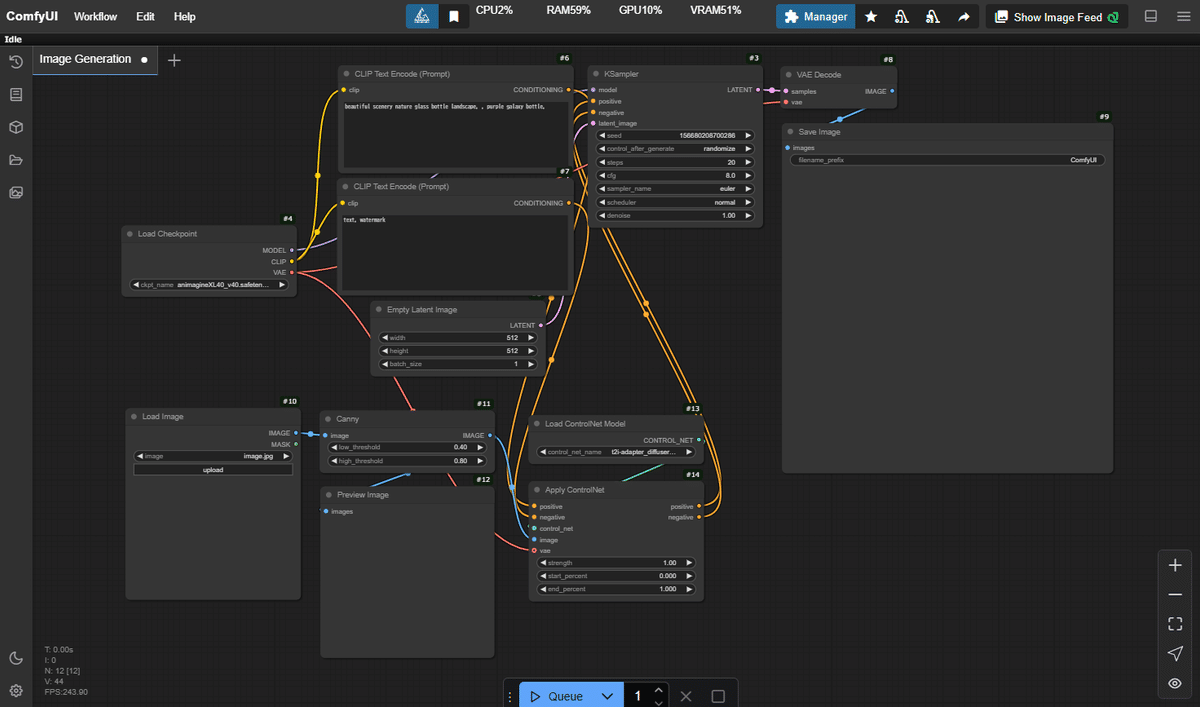 ComfyUI Anim4gine Line ArtからControlNet Cannyで色塗り｜Yuki