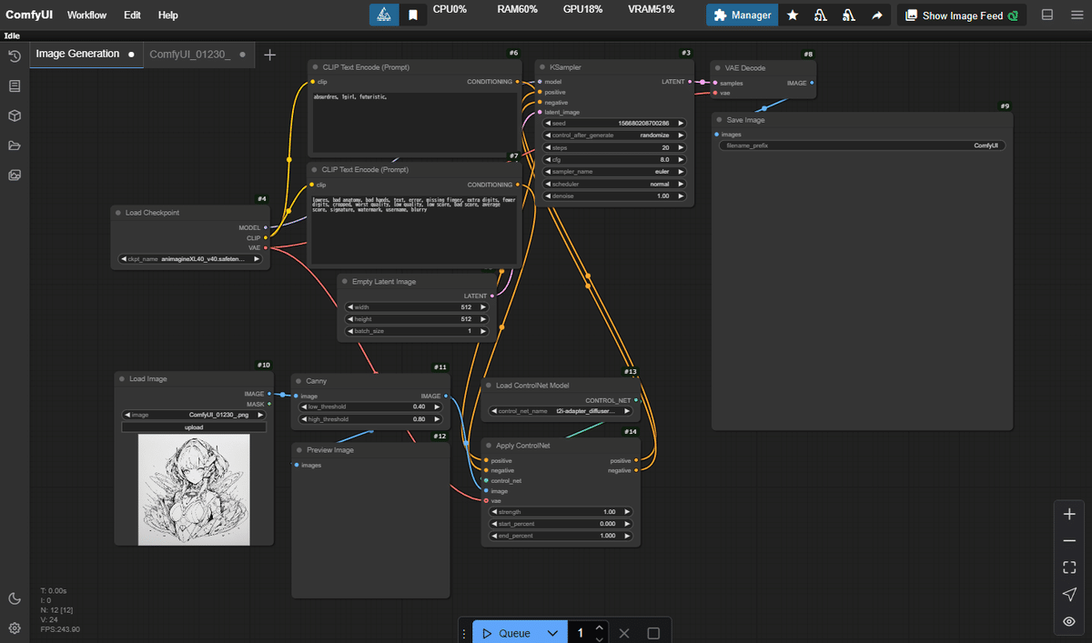 ComfyUI Anim4gine Line ArtからControlNet Cannyで色塗り｜Yuki