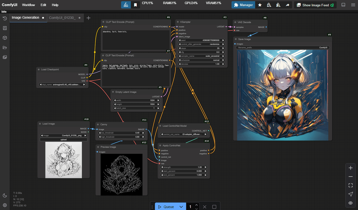 ComfyUI Anim4gine Line ArtからControlNet Cannyで色塗り｜Yuki
