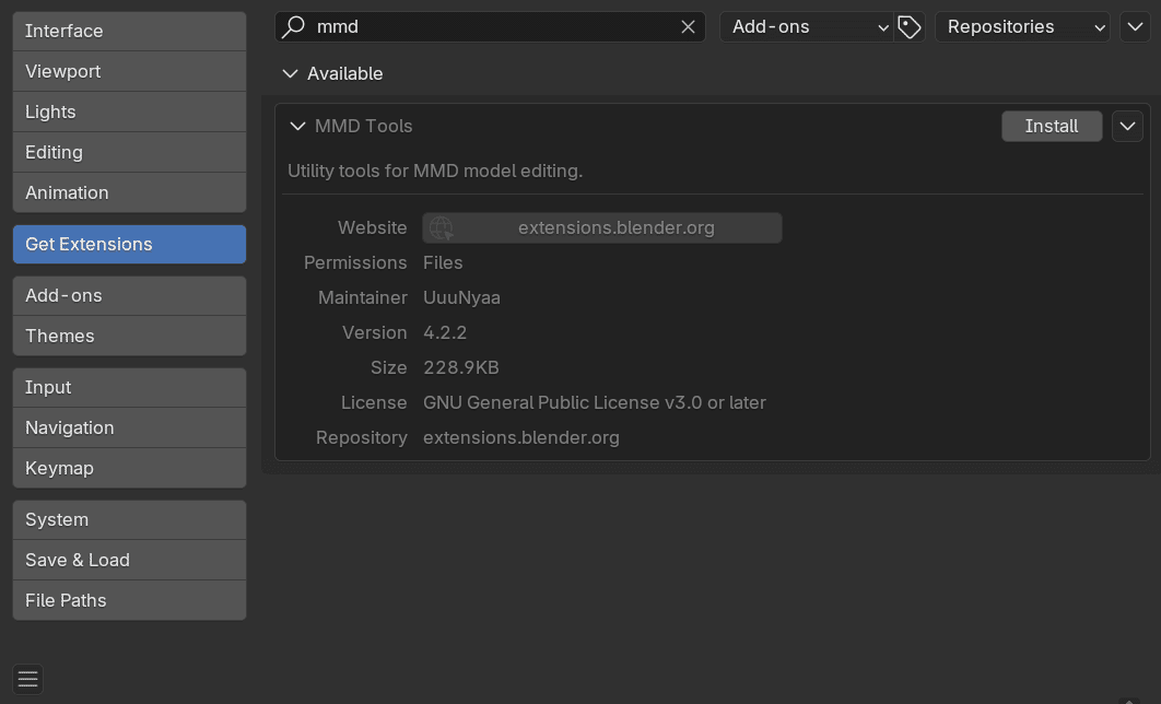 [4.2~]MMD Tools の導入は Extensions から｜MITSUDA Tetsuo