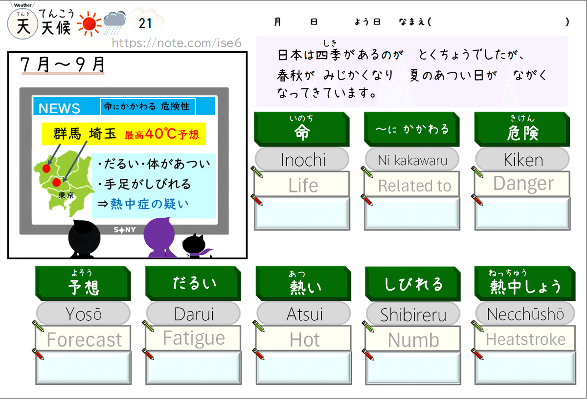 「天候8」熱中症と予防｜こどものにほんご｜Ise-roku☆こどもの日本語教材について考える