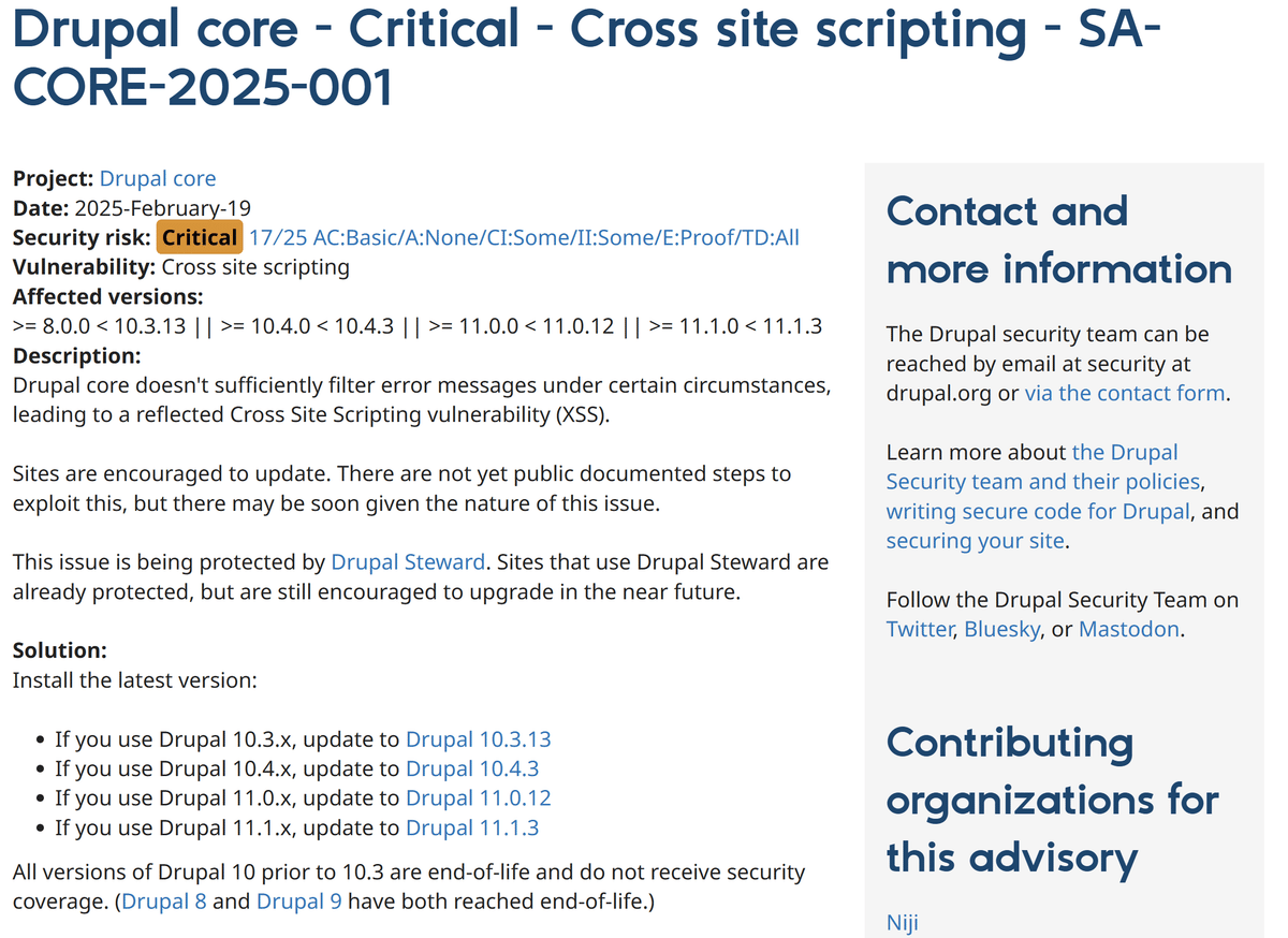 CMSのDrupalにおいてセキュリティアップデートが公開、XSSの脆弱性の修正もあり、早めの対応を｜Y.Takahashi
