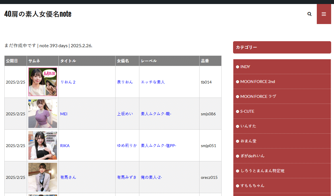 note 393日目 FANZA素人動画の女優名検索サイト公開 ｜四十肩