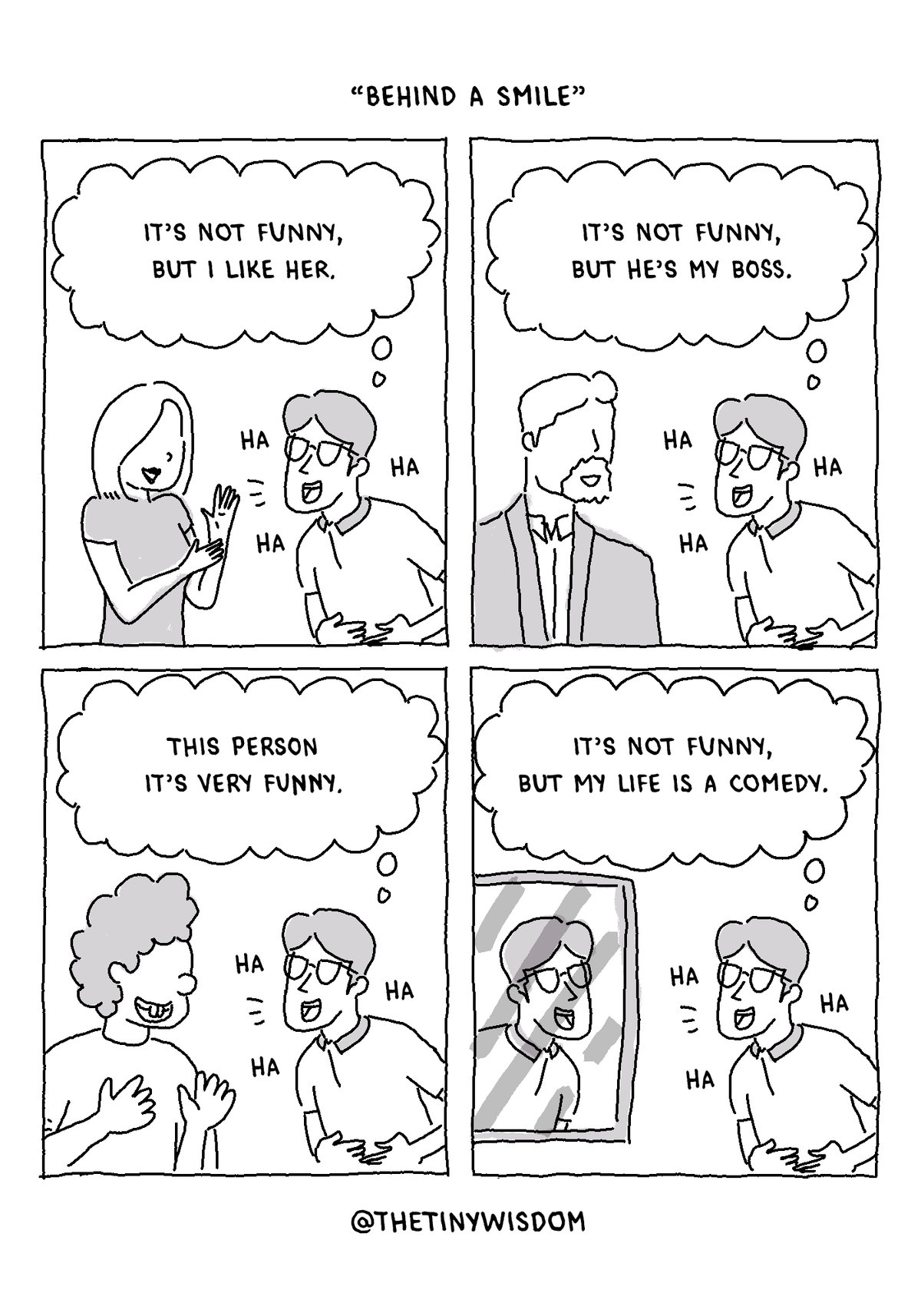 4コマ漫画: 「笑顔の裏側」 • Behind a smile｜ブライアン • The Tiny Wisdom