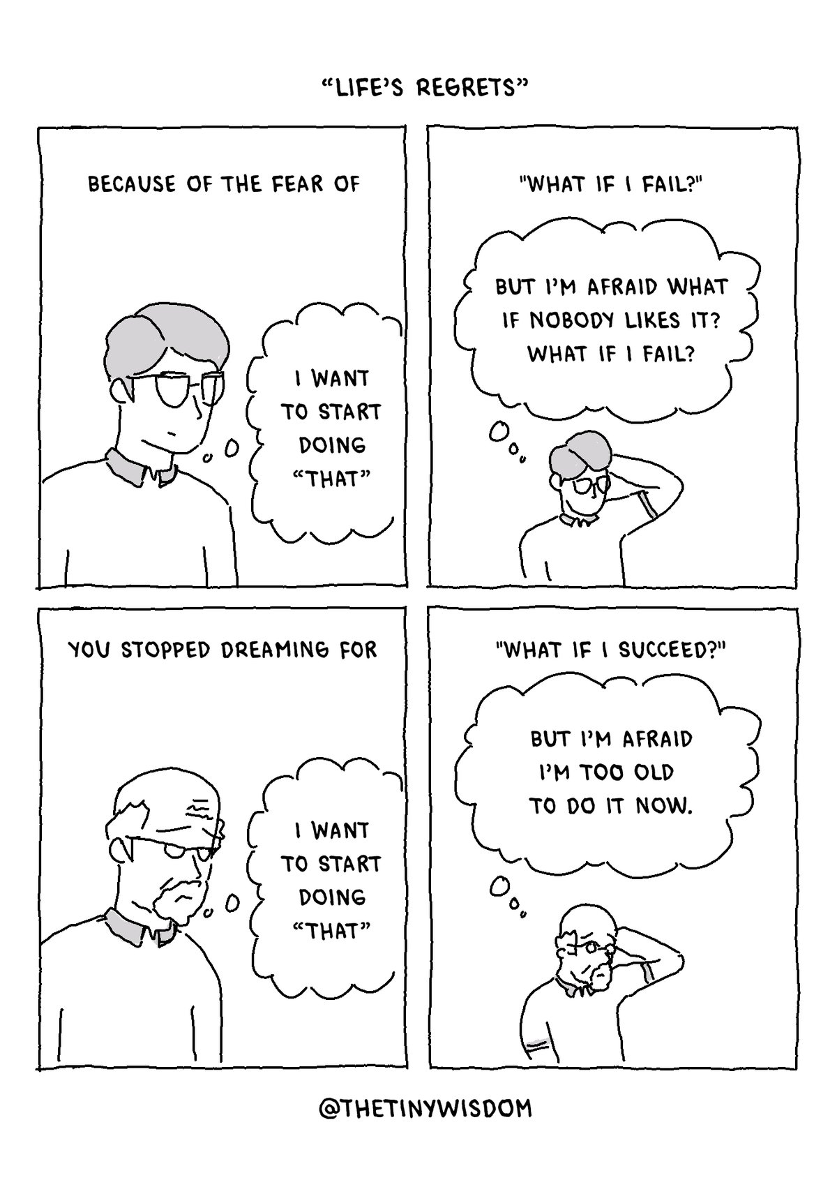 4コマ漫画: 「人生の後悔」 • Life's regrets｜ブライアン • The Tiny Wisdom