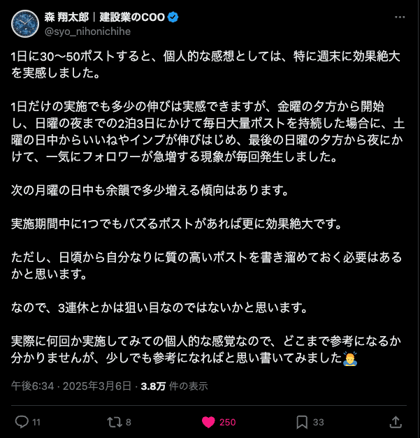 X初心者が検証！「平日 vs 休日」1日50ポストすると伸びるのはどっち？｜Ryosuke Murai / 村井良翼
