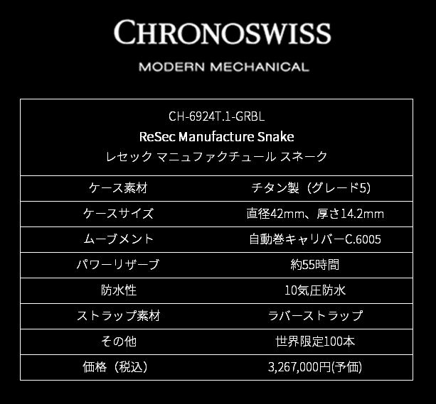 2025年新作 レセック マニュファクチュール スネーク CH-6924T.1-GRBL｜CHRONOSWISS クロノスイス【公式】