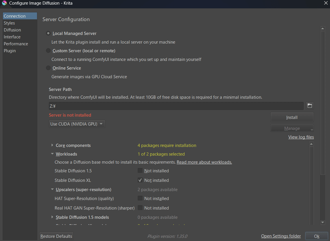 Krita AI Diffusion：ComfyUI環境とモデルとControlNetモデルをボタン一発でインストール｜いりじうむ