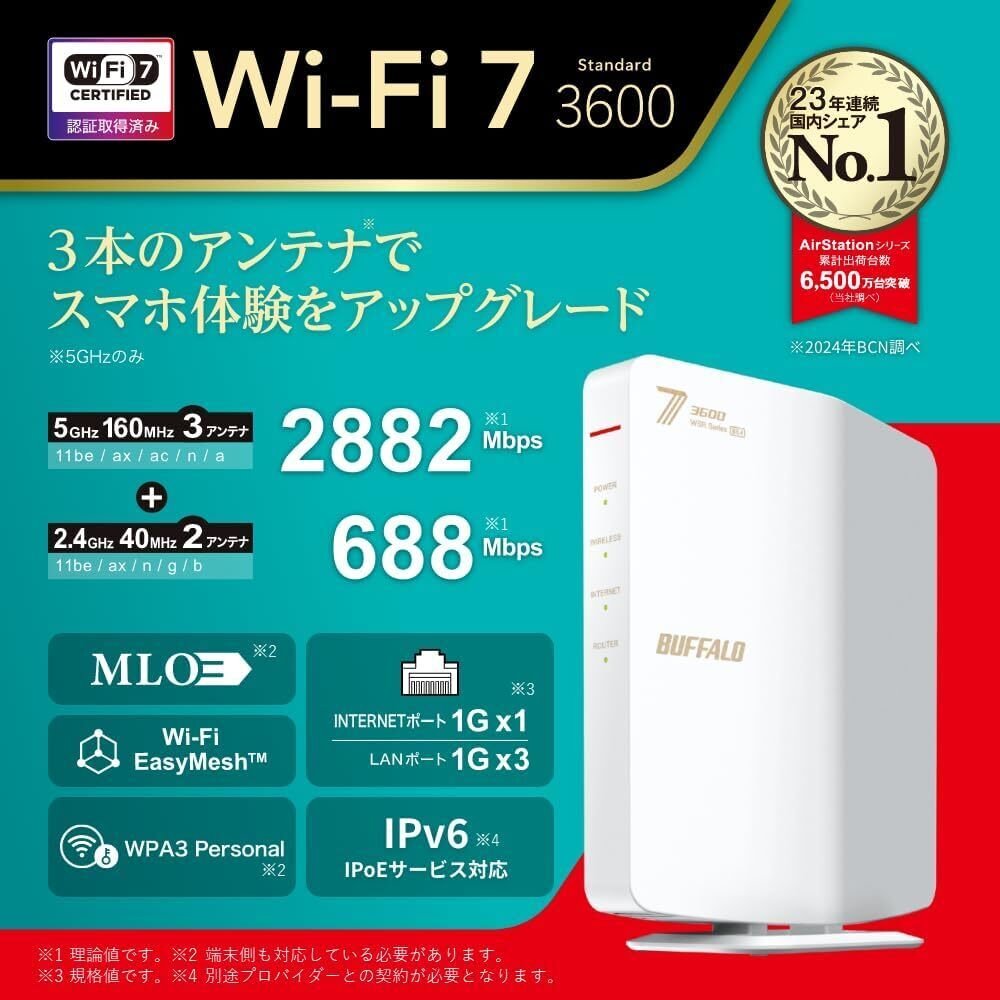 【レビュー】WSR3600BE4P/NWH バッファロー WiFi ルーター 無線 LAN Wi-Fi 7 11be デュアルバンド 2882+688Mbps エコパッケージ 【Amazon ...
