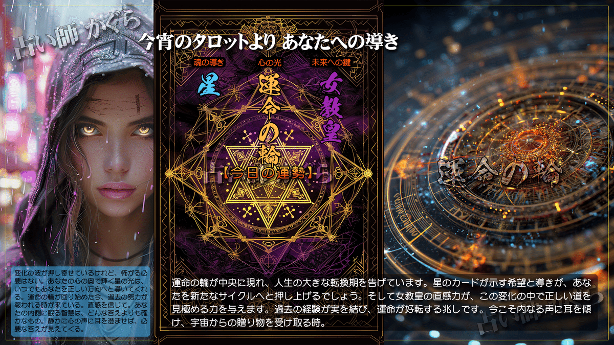 運命転換期の希望：星が導く輝く未来 ～星・運命の輪・女教皇が告げる大いなる変化と成功のメッセージ～｜占い師 かぐら