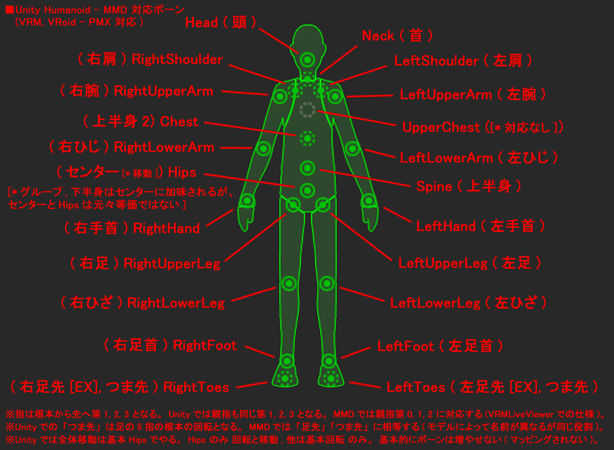 VRM(VRoid) - PMX (MMD - Unity Humanoid) ボーン構造 対応表｜Fantom