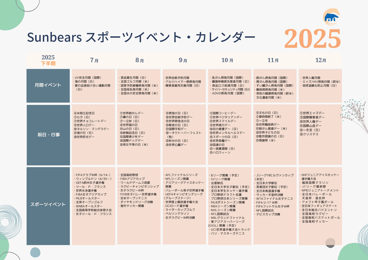 2025年下半期のスポーツイベント・カレンダー｜Sunbears Official【公式】
