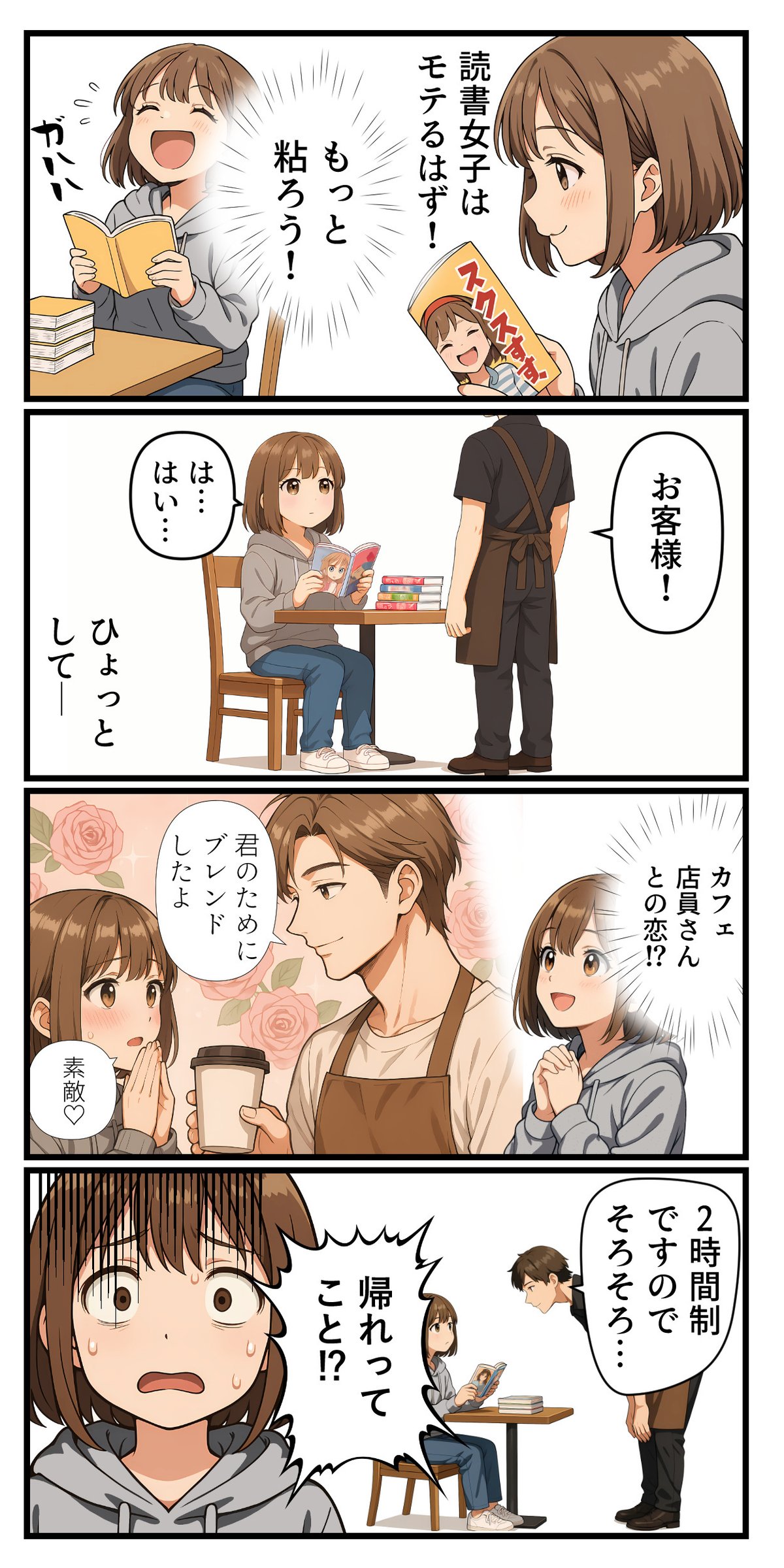 【連作4コマ⑦】ついに男性を射止めた!?｜Shinya@AIマンガ家／『住み込みバイト、始めます！』Kindle無料配信中