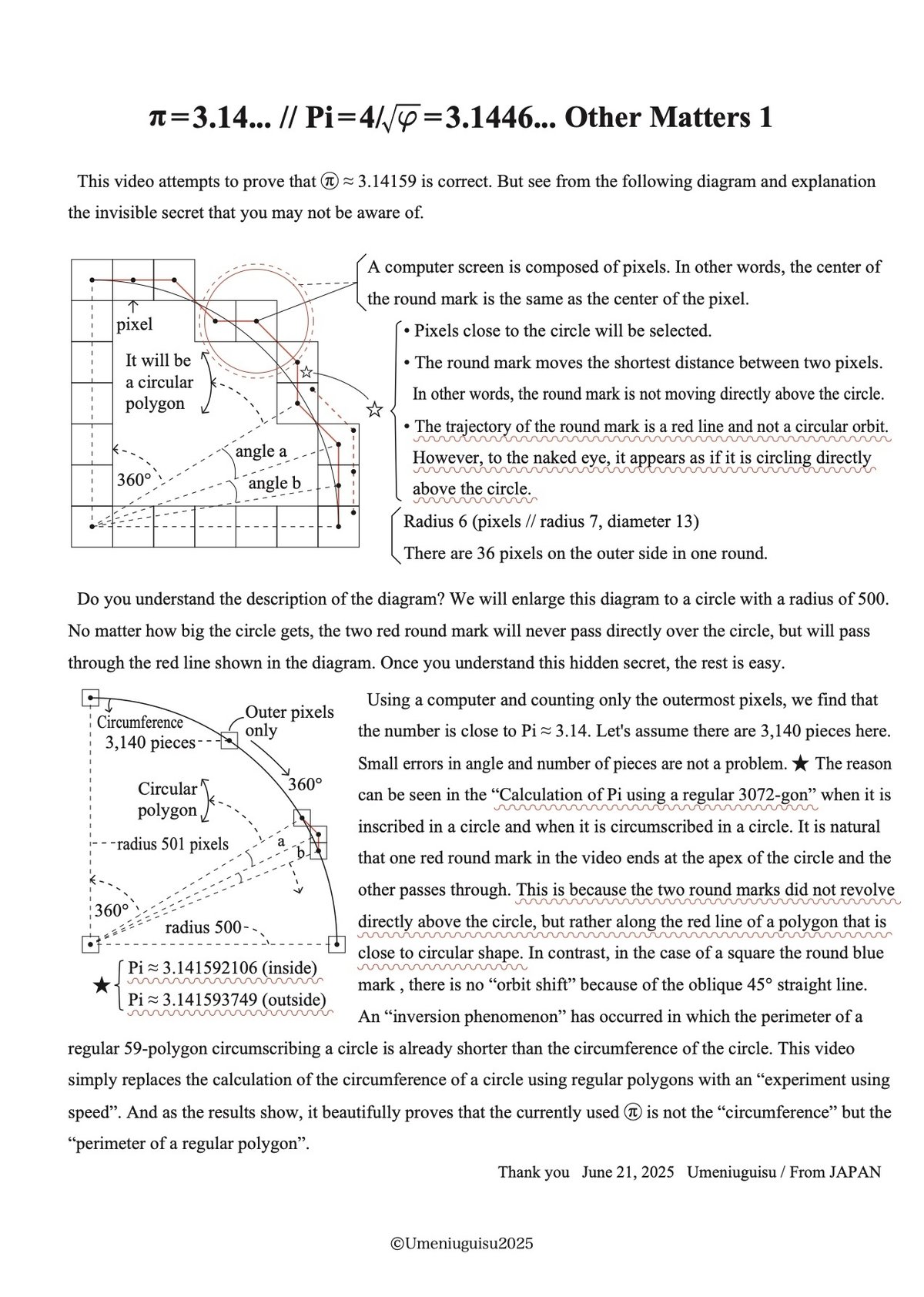 π=3.14... // Pi=4/√φ=3.1446... Other Matters 1｜UMENIUGUISU_PI
