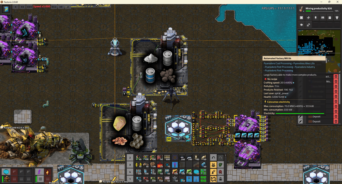 Factorio 2.0.60 Pyanodon(pY) 7,069h/ mining 924/1.1k eSPM/UPS 110 ...