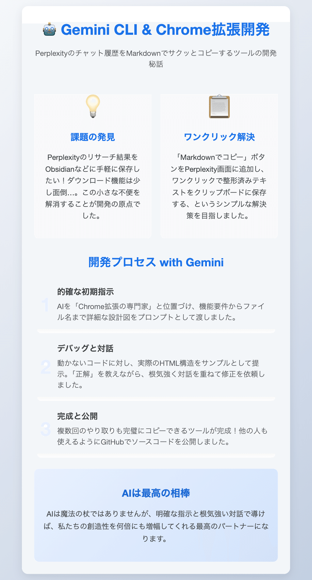 第二弾：Gemini CLIでサクッとChrome拡張：Perplexityのチャット内容をmarkdownでコピーする｜yo4shi80
