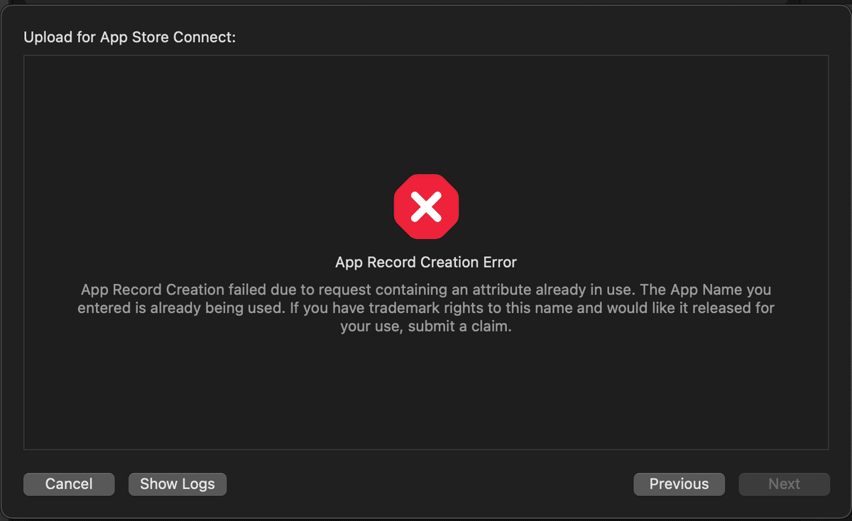【iOS開発】App Record Creation Error 解決ガイド - Xcodeでアプリ名重複エラーの対処法｜Q_Q箱