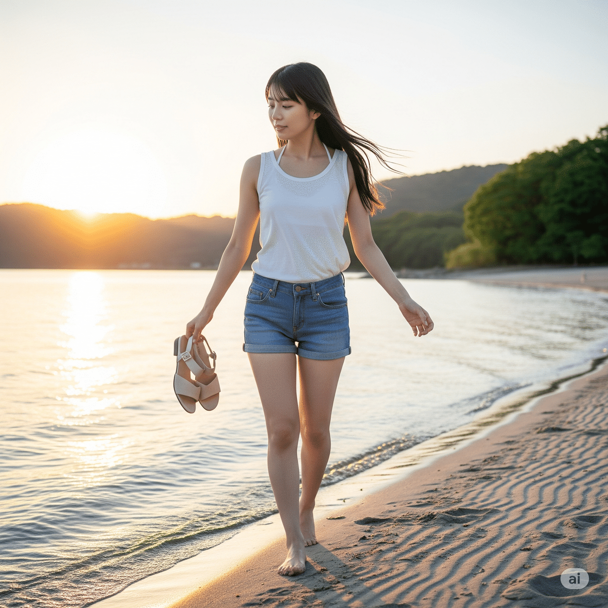 湖の水辺の砂浜を裸足で歩く美女｜zerozero_x