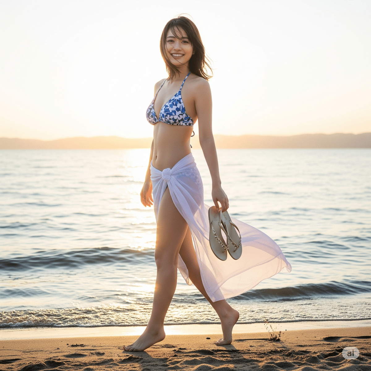 湖の水辺の砂浜を裸足で歩く美女｜zerozero_x