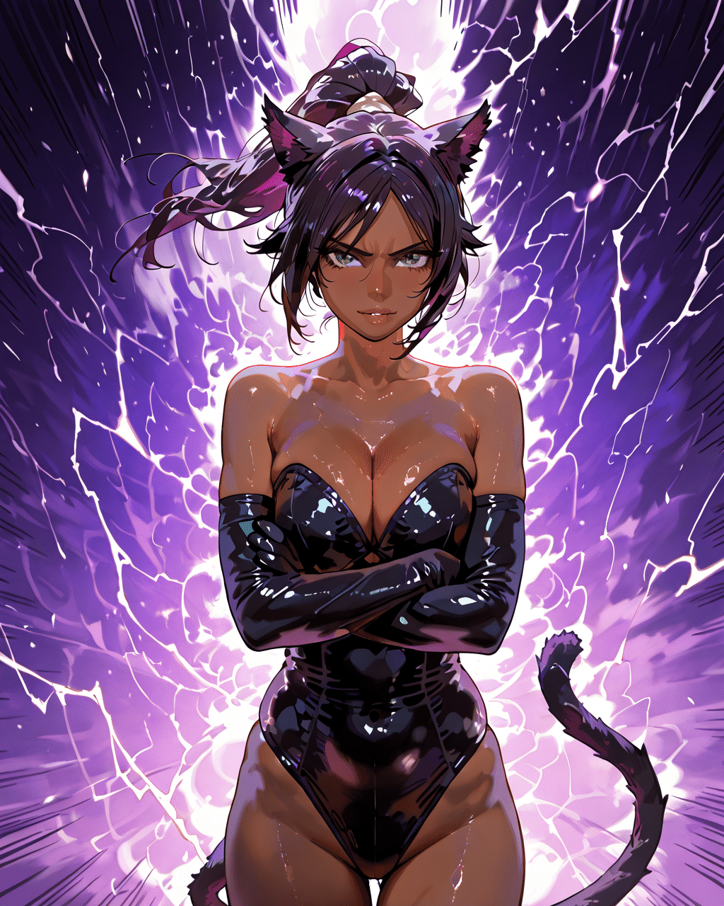 Stable diffusionで作るBLEACHの夜一の瞬鬨・雷獣戦形 "瞬霳黒猫戦妃" ｜nobin@noteで生活している人