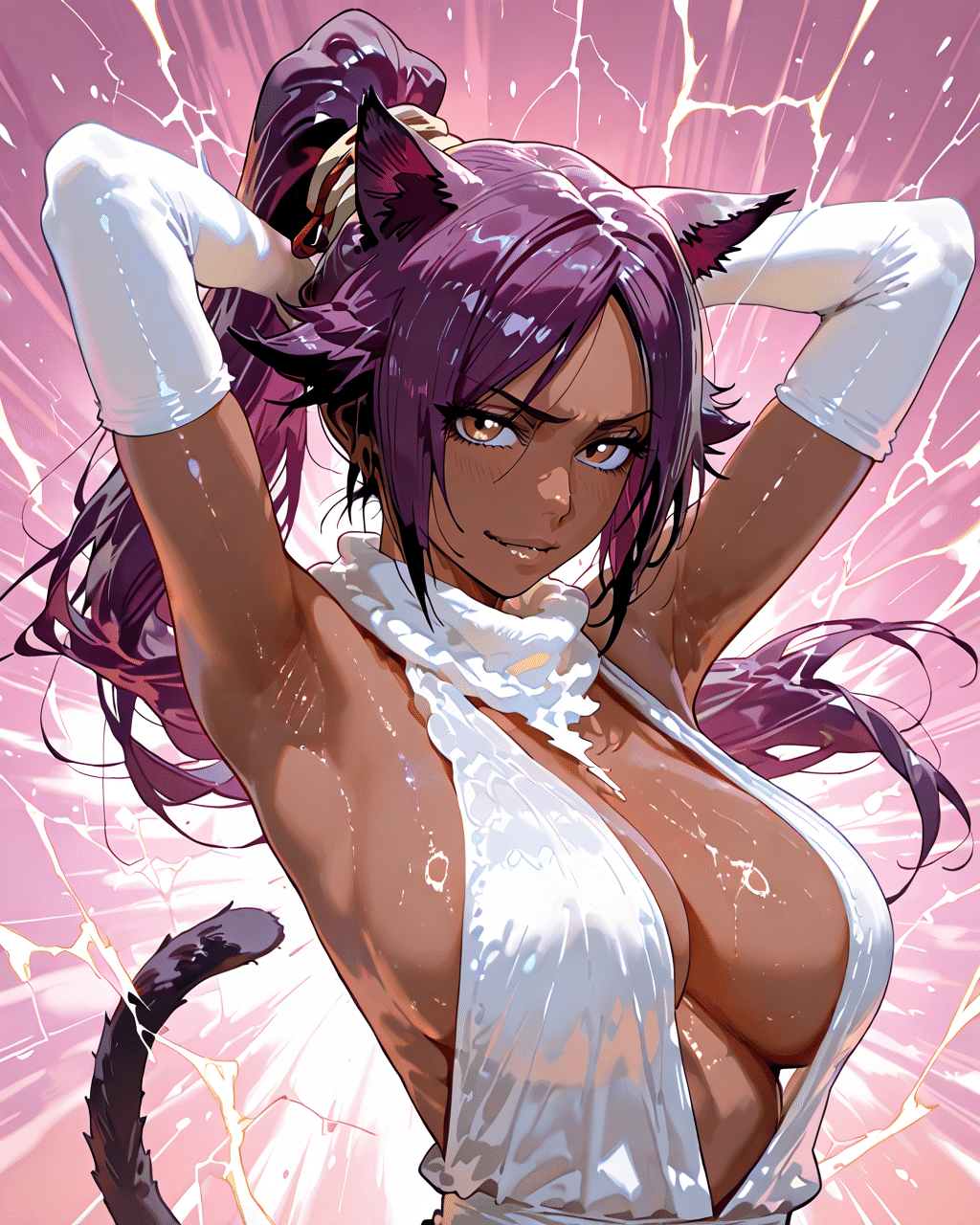 Stable diffusionで作るBLEACHの夜一の瞬鬨・雷獣戦形 "瞬霳黒猫戦妃" ｜nobin@noteで生活している人