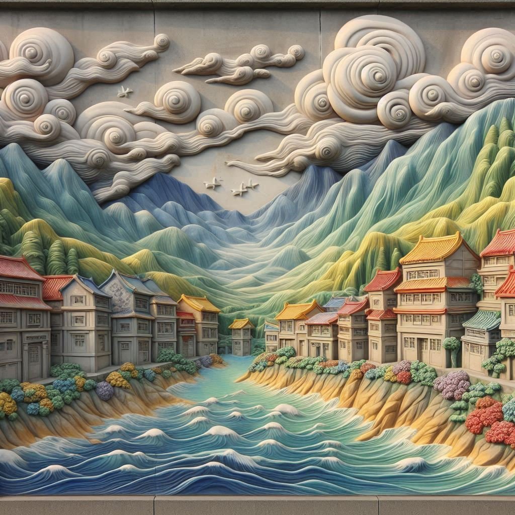 無料AI de 平面的な立体作品（家並み、海岸線） @Image Creator & ImageFX & Whisk＋プロンプト｜茜町春彦