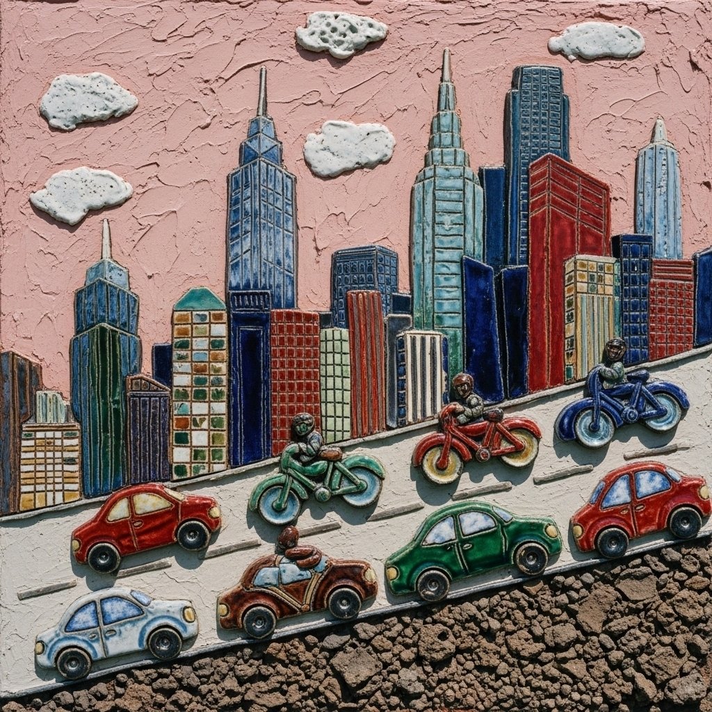 無料AI de 平面的な立体作品（自動車二輪車、ビル街） @Image Creator & ImageFX & Whisk＋プロンプト｜茜町春彦
