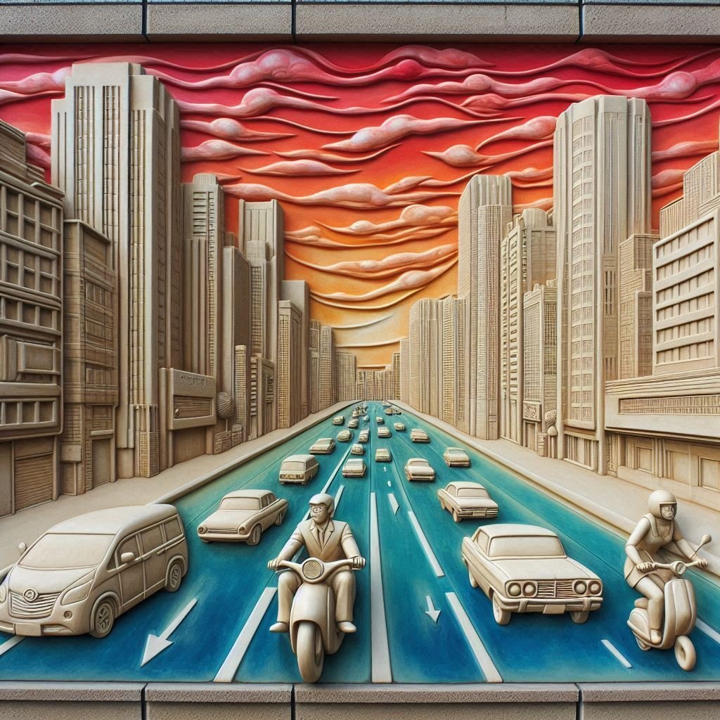 無料AI de 平面的な立体作品（自動車二輪車、ビル街） @Image Creator & ImageFX & Whisk＋プロンプト｜茜町春彦