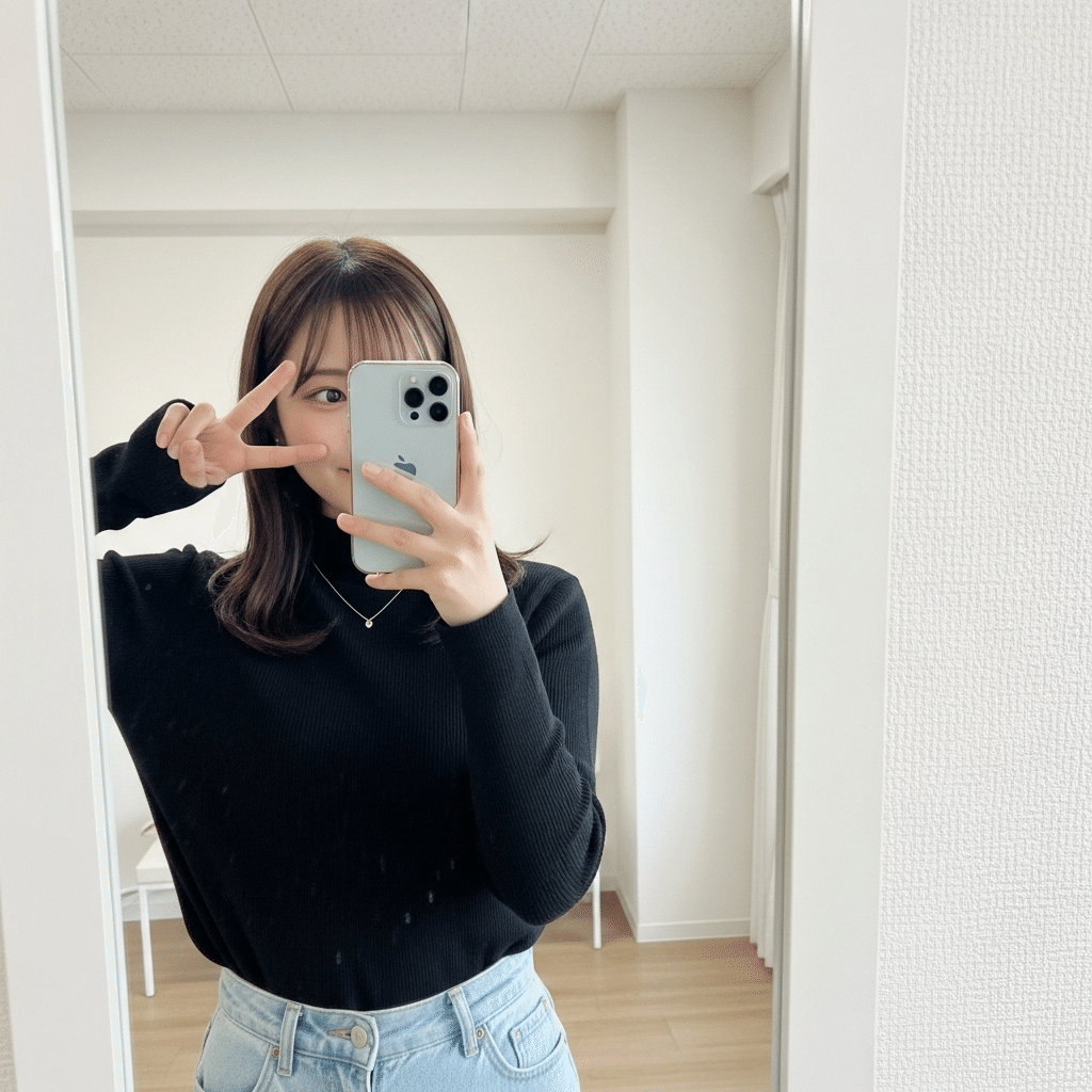 【AI画像生成】鏡越しに自撮りしている女性のYAML設定ファイル（プロンプトあり）｜バブリシャス3世