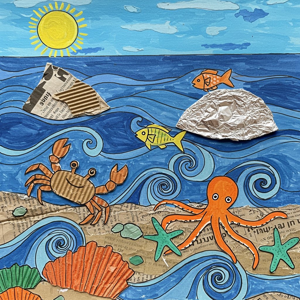 無料AI de コラージュ（海洋生物、段ボール、新聞） @Image Creator & ImageFX & Whisk＋プロンプト｜茜町春彦