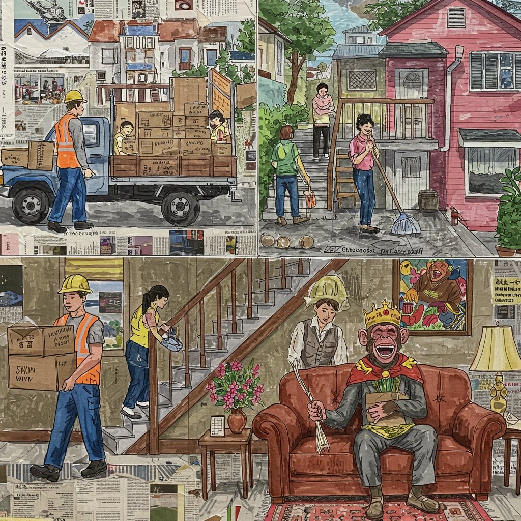 無料AI de コラージュ（猿王階段荷物、段ボール、新聞、葉書） @Image Creator & ImageFX & Whisk＋プロンプト｜茜町春彦