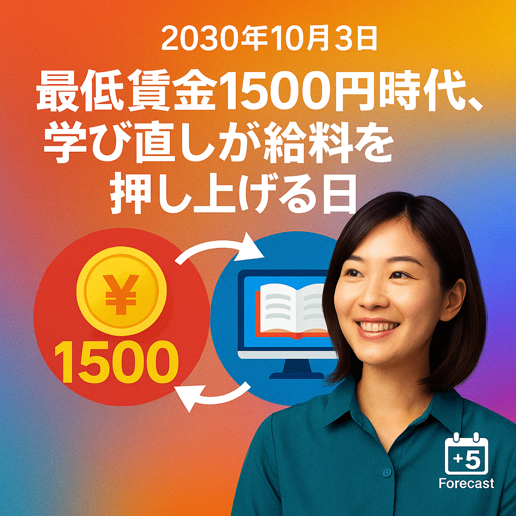 2030年10月3日｜最低賃金1500円時代、学び直しが給料を押し上げる日｜5年後の今日｜+5 Forecast｜5年後の“今日”を先読みするメディア