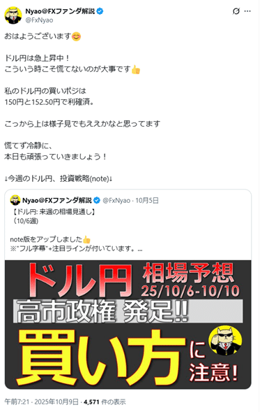 【ドル円】来週の相場見通し（25'10/13-10/17）【FX】｜Nyao@FXファンダメンタルズ解説