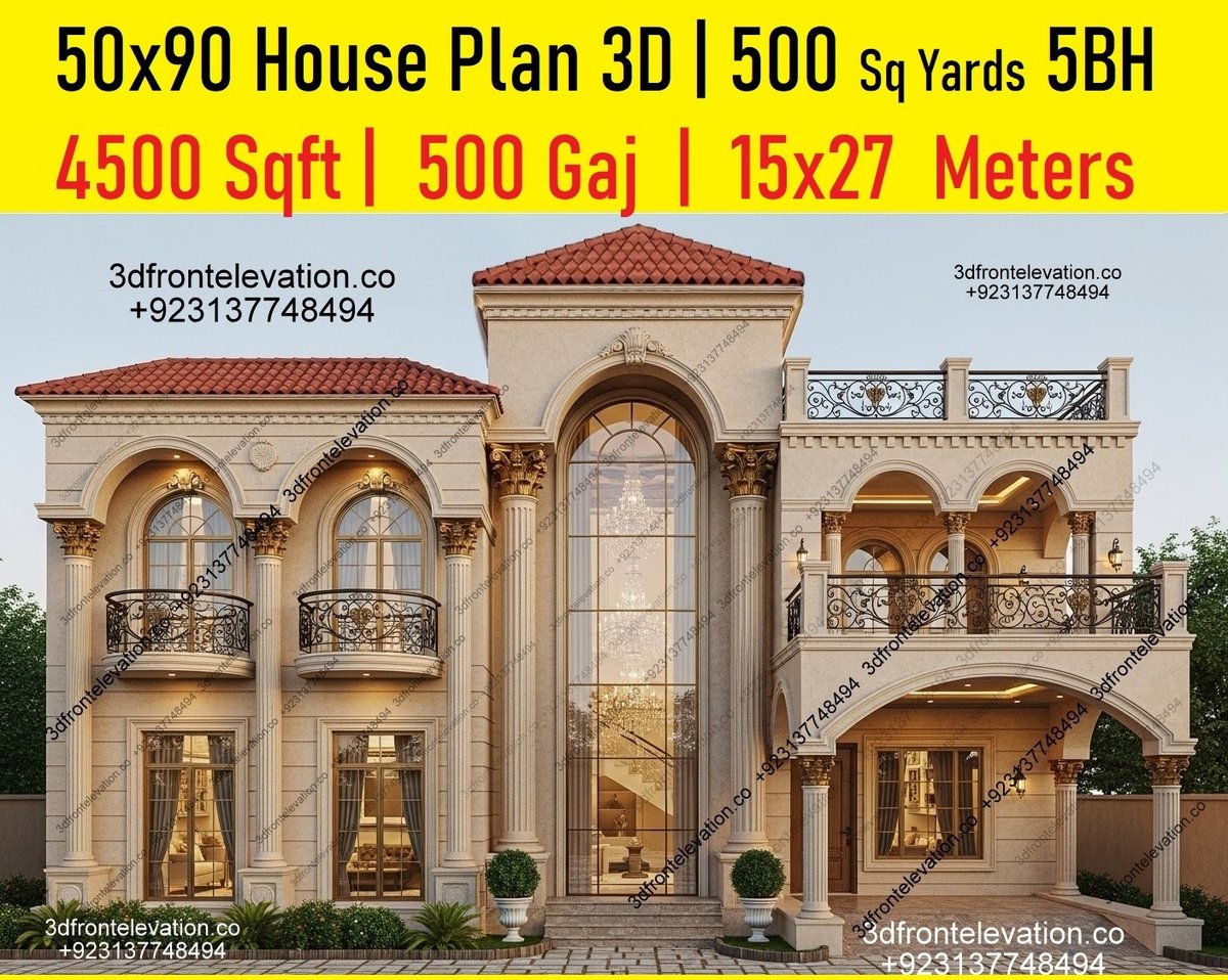 50x90 House plan 3D | 500 Sq Yards 5BH | 4500 Sqft | 500 Gaj | 15x27 ...
