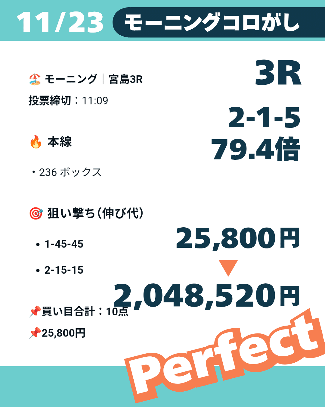 【11/23 全9R完全制覇】モーニング・デイ・ナイター全勝利で＋684万円超｜競艇コロガシ専門📕豊島