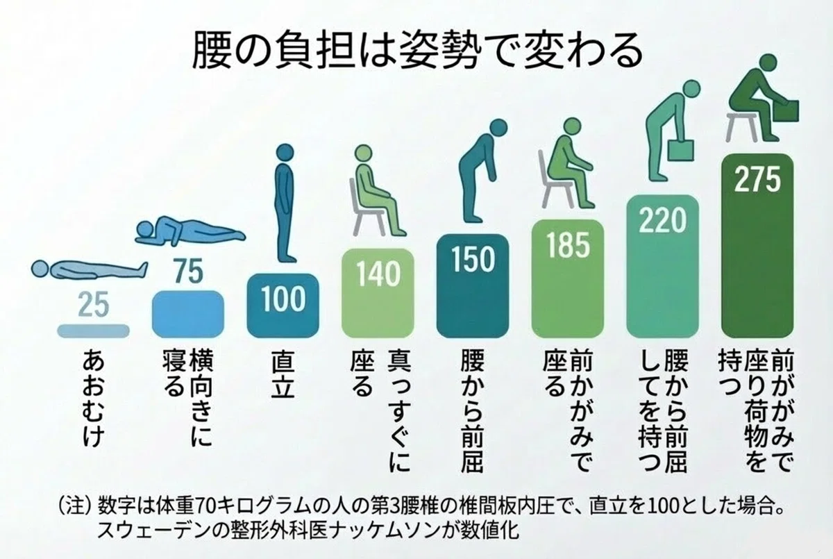 【保存版】「座る」は「立つ」より腰に悪い？ナッケムソンの椎間板内圧データから紐解く、脊柱バイオメカニクスの真実｜エルスパーク千種