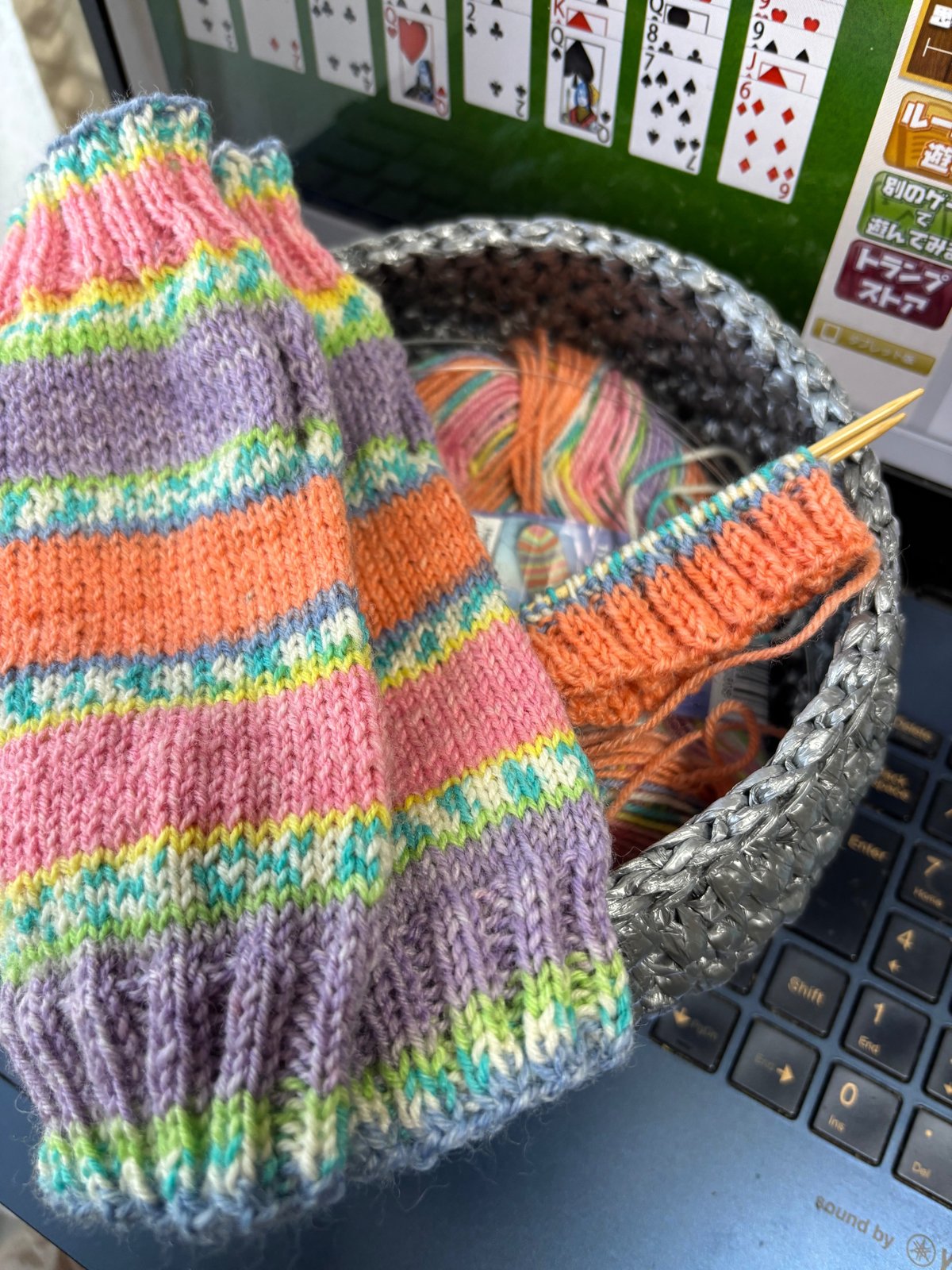 二目ゴム編みのアームウォーマー兼レッグウォーマー B級編み物 ※おまけ路地猫さん｜yumiパンダ