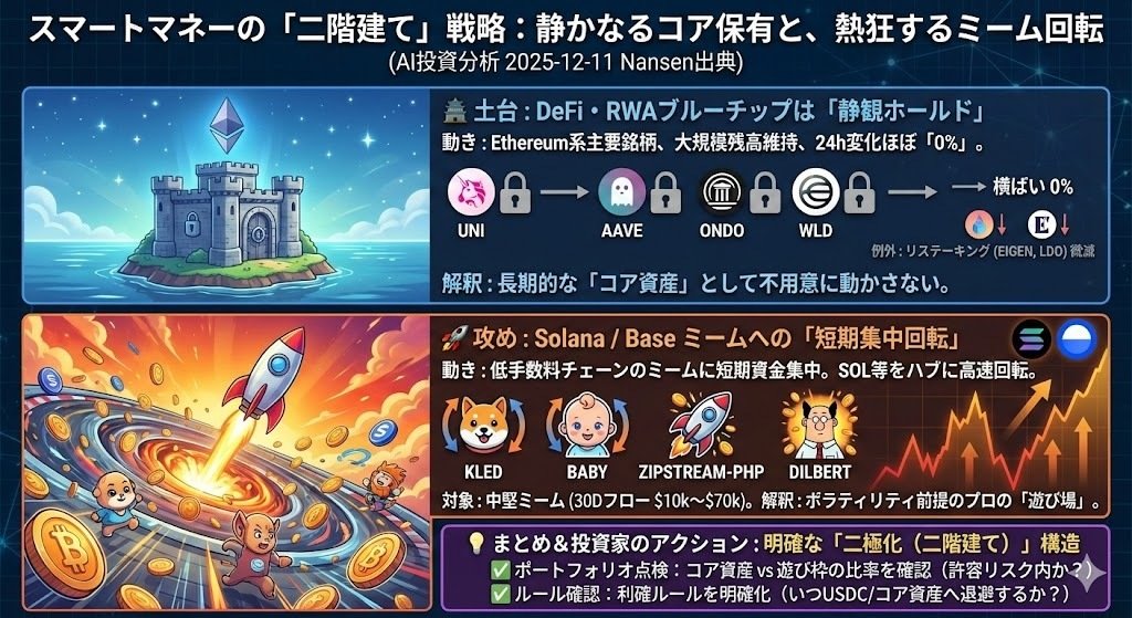 〖AI投資〗2025-12-11 暗号資産：SOLミーム回転にスマートマネー集中／DeFiブルーチップは静かなホールド｜仮想通貨エアドロップラボ