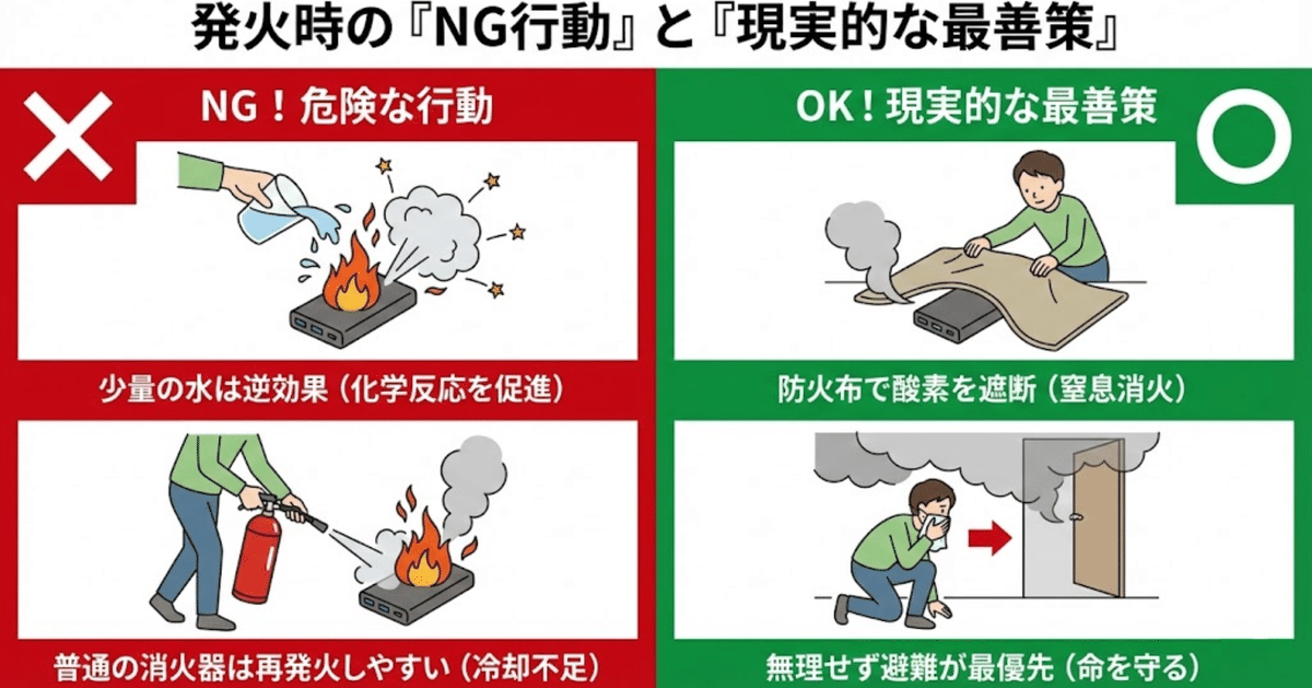【緊急】モバイルバッテリーが発火したら？水はNG？消火器は効く？専門家が教える、生死を分ける正しい対処法｜株式会社エンビューロ