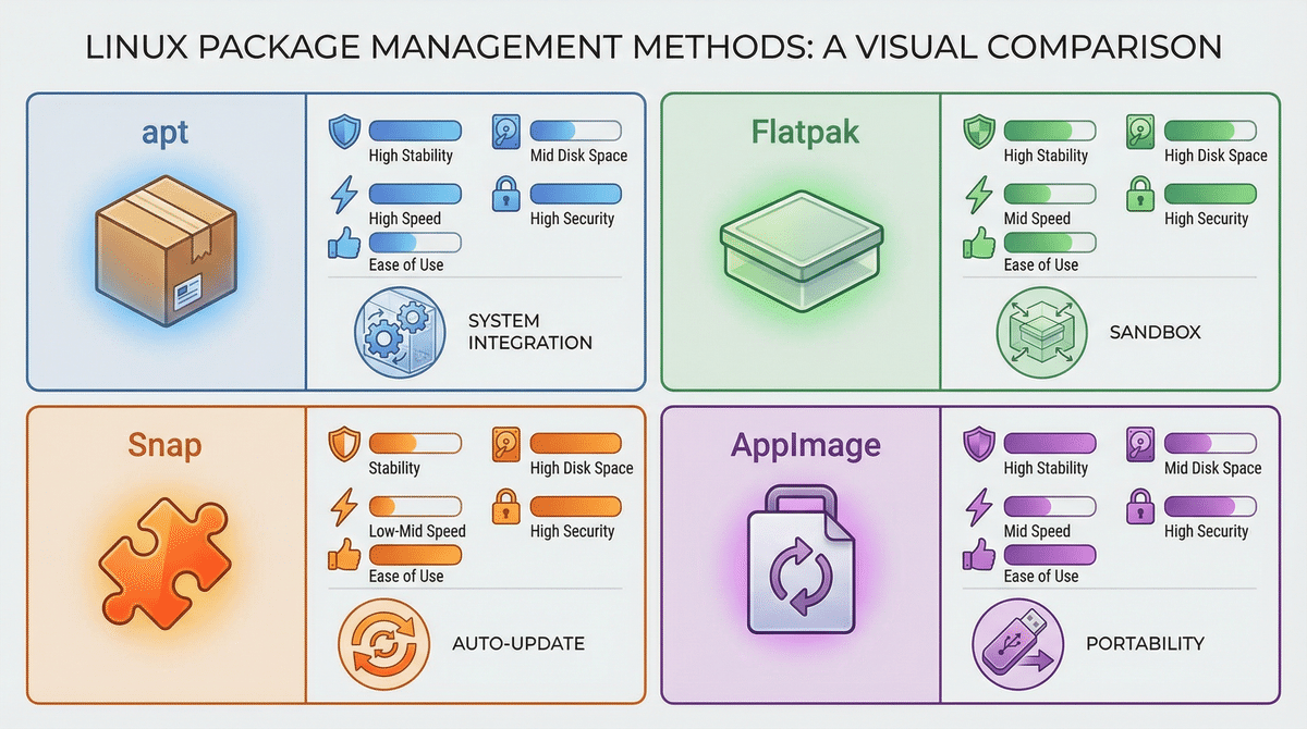 Linuxのアプリ導入方法まとめ：apt、Flatpak、Snap、AppImageの違いと使い分け｜わさまる。