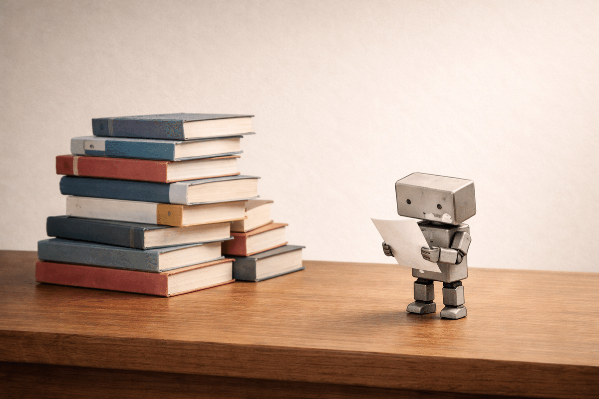 ロボットと積まれた本のシーン｜しばらくお待ち下さい